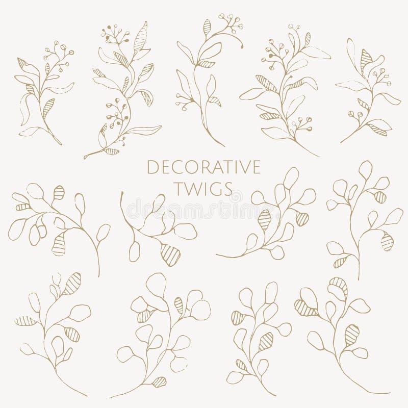 Ramitas Decorativas Con Hojas Garabatos Vectoriales De Corazones ...