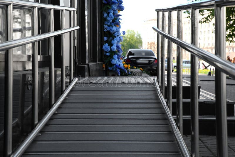Ramp with Metal Railings Near Building Outdoors Stock Photo - Image of ...