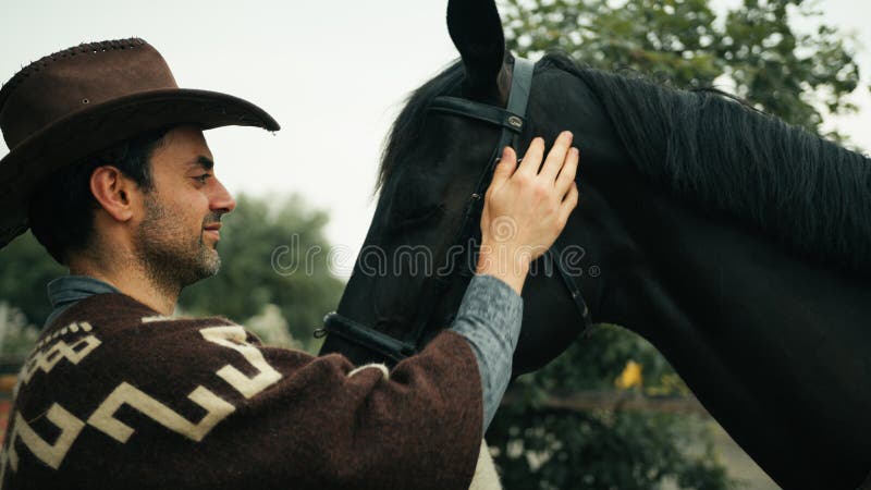 In the Ranch Cowboy and Black Horse Stock Image - Image of classic ...