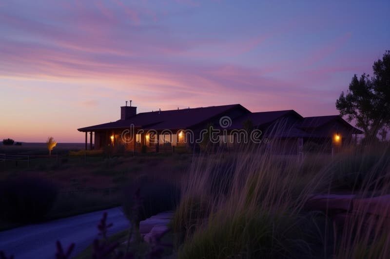 A Ranch Homes Exterior at Twilight with Landscape Lighting Stock Image ...