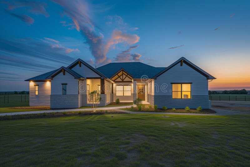 A Ranch Homes Exterior at Twilight with Landscape Lighting Stock Image ...