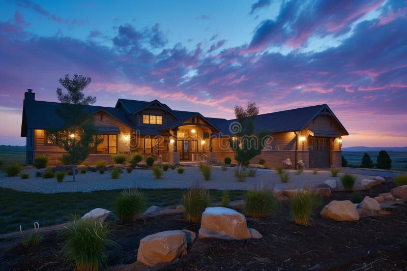 A Ranch Homes Exterior at Twilight with Landscape Lighting Stock Photo ...