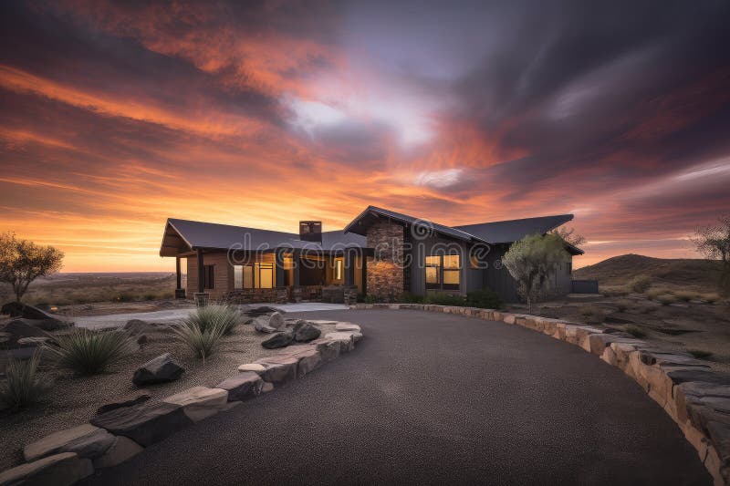 Ranch House Exterior with Dramatic Sunset, Showcasing the Landscape and ...