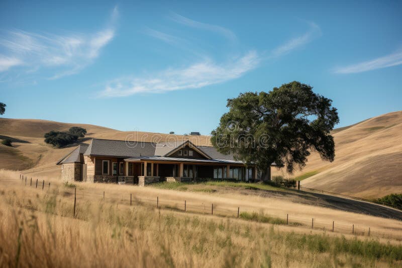Ranch House Exterior with View of Rolling Hills and Fields in the ...