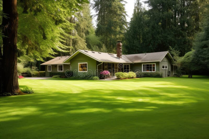 Ranch House with Lush Green Lawn Surrounded by Trees Stock Illustration ...