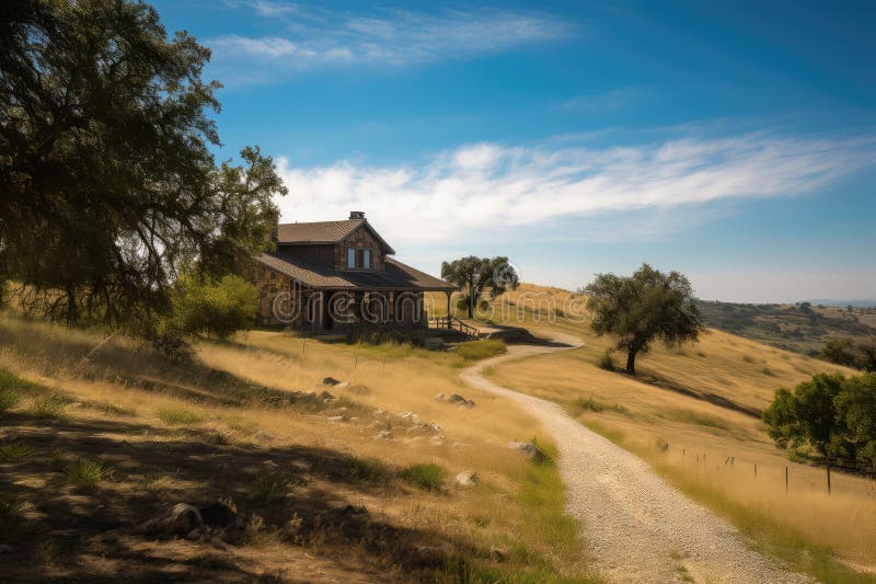 Ranch House with Panoramic View of Valley and Rolling Hills Stock ...