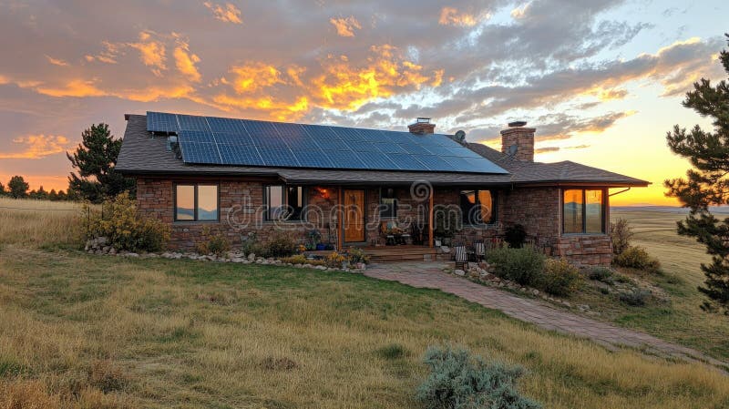 Ranch House with Solar Panels at Sunset Stock Illustration ...