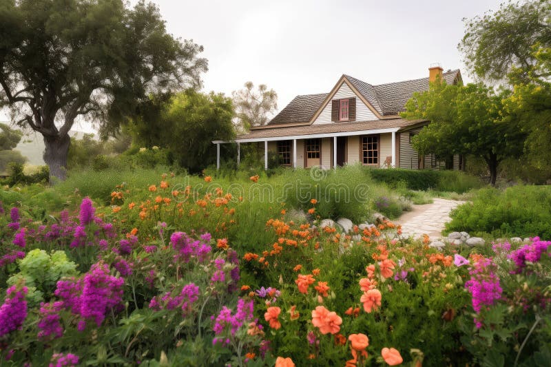 Ranch House Surrounded by Lush Greenery and Blooming Flowers Stock ...