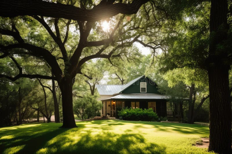 Ranch House Surrounded by Lush Greenery and Towering Trees Stock ...