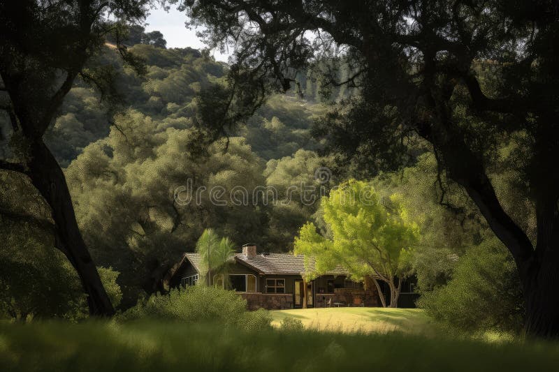 Ranch House Surrounded by Lush Greenery and Towering Trees Stock ...