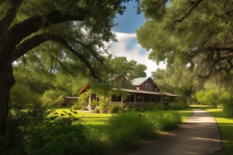 Ranch House Surrounded by Lush Greenery and Towering Trees Stock ...