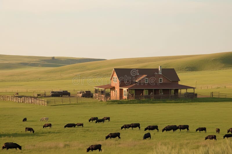 Ranch House, Surrounded by Rolling Pastures and Grazing Livestock Stock ...