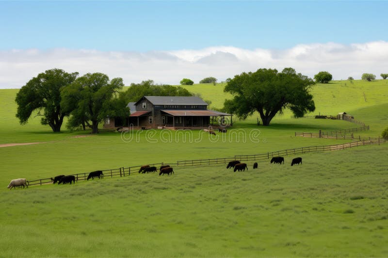 Ranch House, Surrounded by Rolling Pastures and Grazing Livestock Stock ...