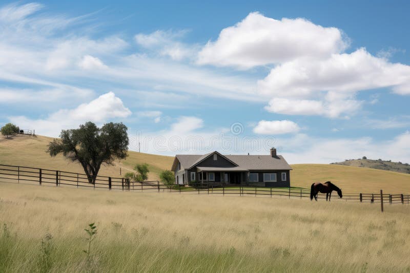 Ranch House with View of Rolling Hills and Fields, with Horse and ...