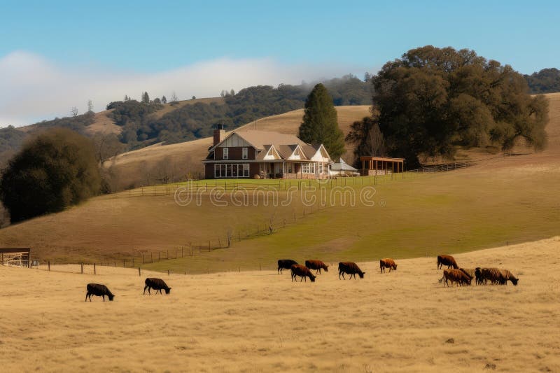 Ranch House, with View of Rolling Hills and Grazing Livestock Stock ...