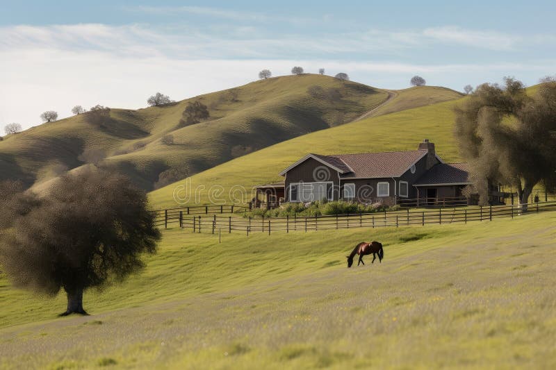 Ranch House with View of Rolling Hills and Horses Grazing in the ...