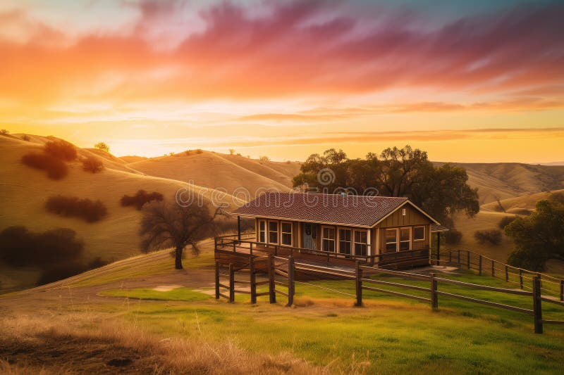 Ranch House with View of the Sunset, Surrounded by Rolling Hills Stock ...