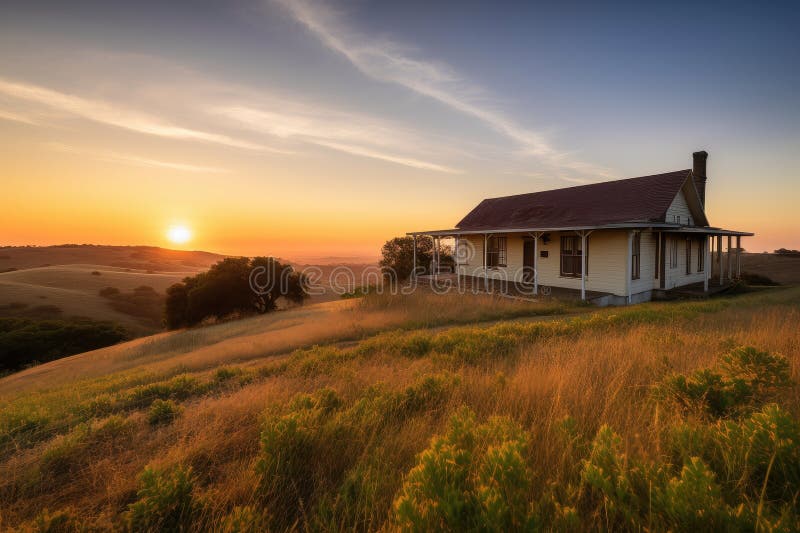 Ranch House with View of the Sunset, Surrounded by Rolling Hills Stock ...