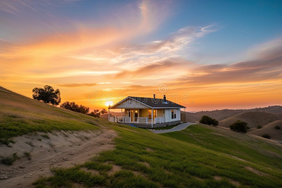 Ranch House with View of the Sunset, Surrounded by Rolling Hills Stock ...