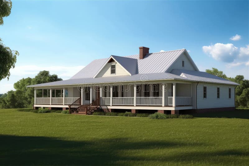 Ranch House, with Wrap-around Porch, Overlooking Wide Open Space Stock ...
