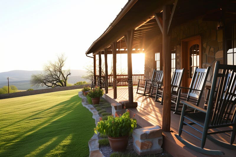 Ranch House with Wraparound Porch and Rocking Chairs Stock Image ...