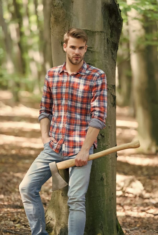 Ranch Man in Checkered Shirt Hold Ax, Style Stock Image - Image of ...