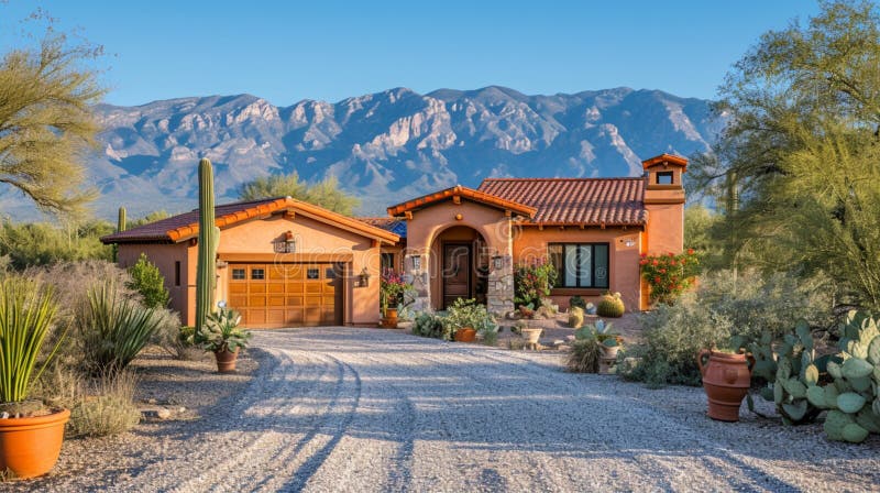 Ranch Stucco Home in Hill Area with Sunrise Stock Illustration ...