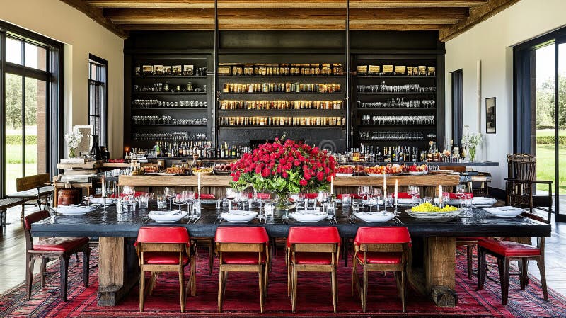 Ranch-style Dining Room, Elegant Table Setting, Large Bar, Outdoor View ...