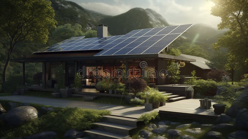 A Ranch - Style House with Solar Panels on the Roof Stock Illustration ...