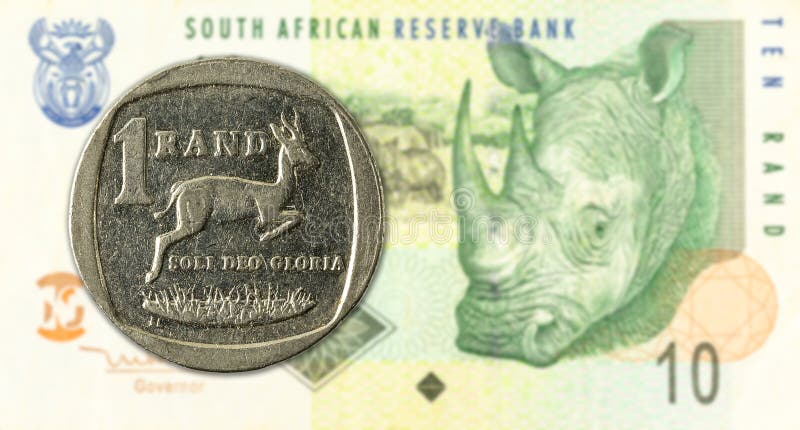 5 Rand Coin Against 20 South African Rand Bank Note Obverse Stock Image ...