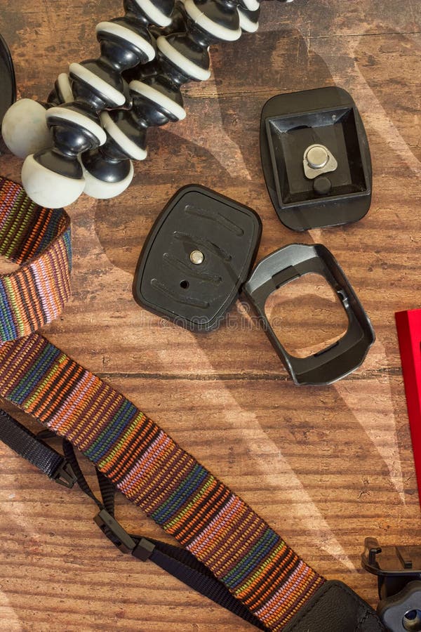 Random Camera and Video Equipment on Wooden Top Stock Image - Image of ...