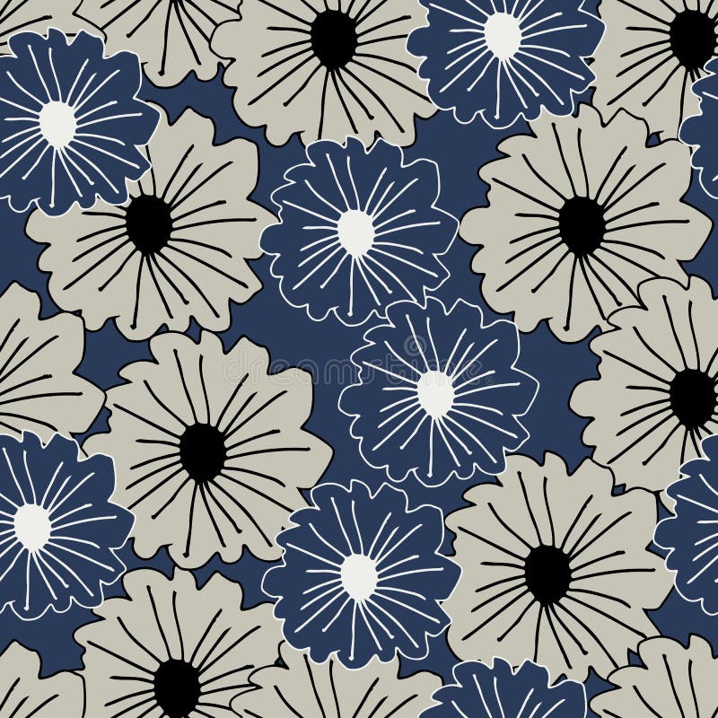 Random Flower Seamless Pattern in Grey and Navy Blue Colors. Outline ...