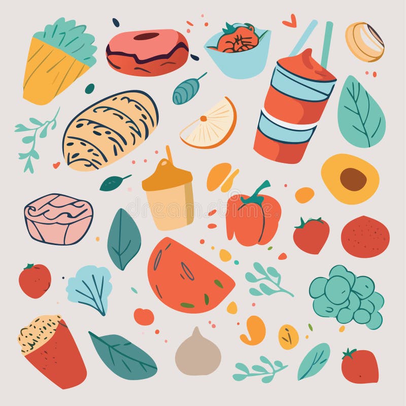 Random Food with Donuts and Fruit Stock Vector - Illustration of logo ...