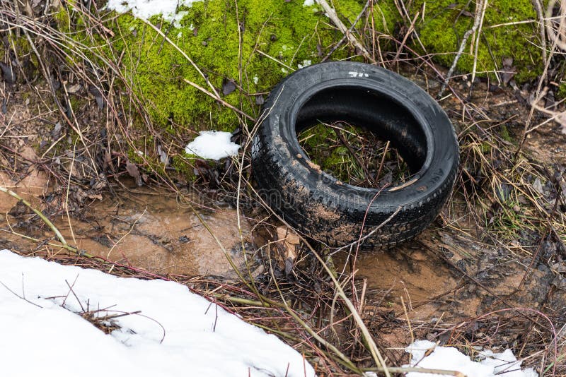 Random Garbage Junk Items Left in Nature. Old Tire in the Ditch on ...