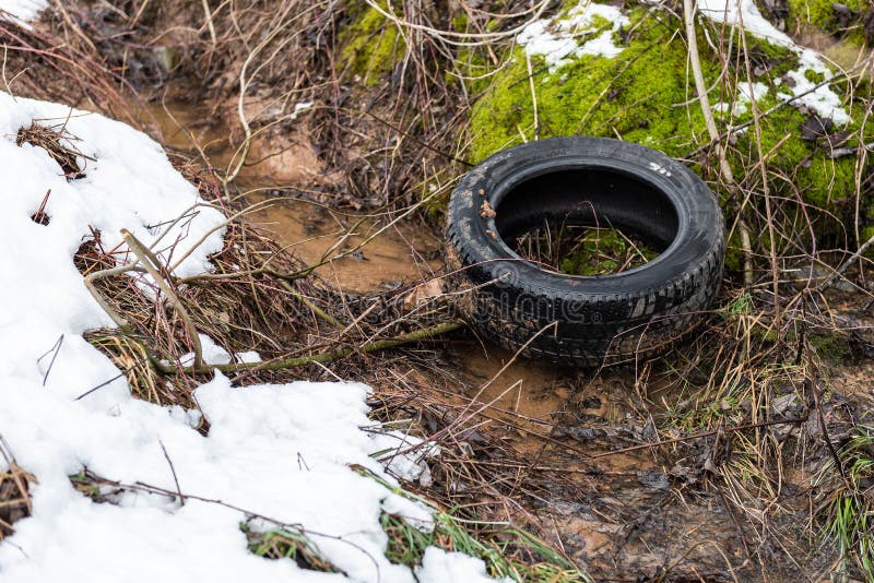 Random Garbage Junk Items Left in Nature. Old Tire in the Ditch on ...