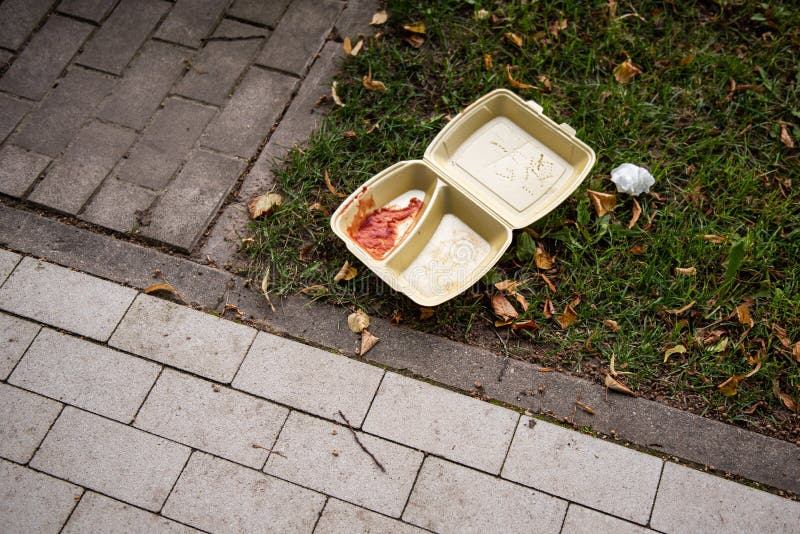 Random Garbage Junk Items Left in Park. Disposable Food Container Stock ...