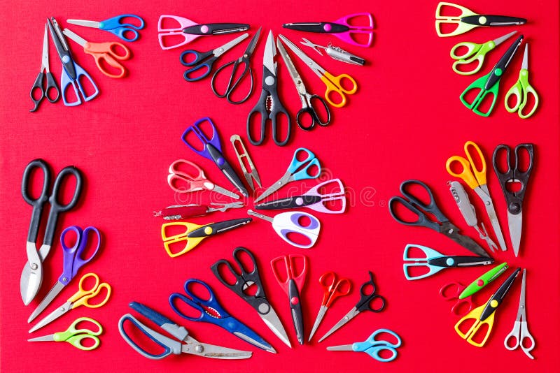 Random Groups of Multiple Scissors Conceptualy Laid on Red Stock Photo ...