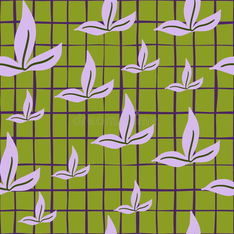 Random Light Purple Simple Leaf Print Seamless Pattern. Green Chequered ...