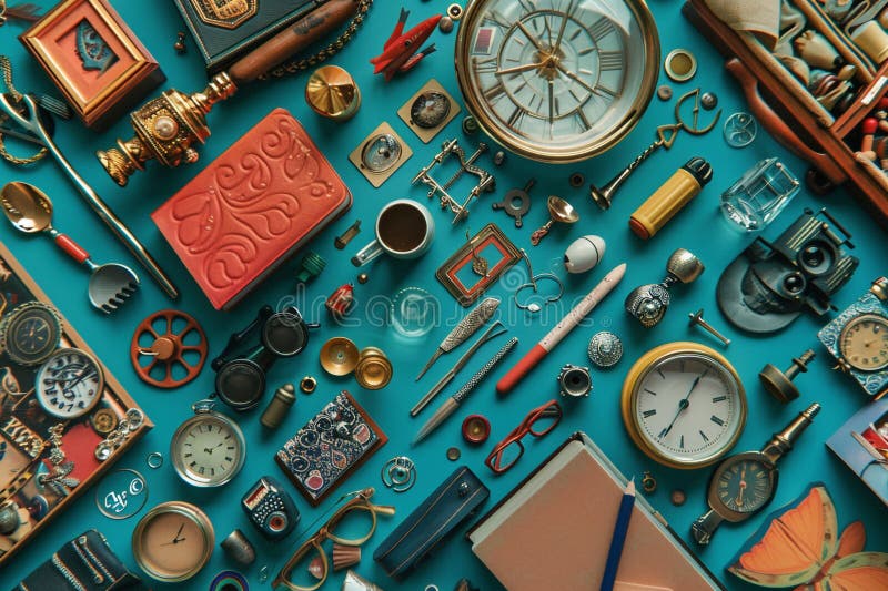 Random Objects in Hyperrealistic Maximalism Flat Lay Composition Vivid ...