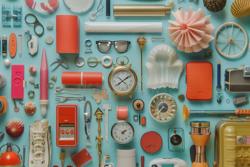 Random Objects in Hyperrealistic Maximalism Flat Lay Composition Vivid ...
