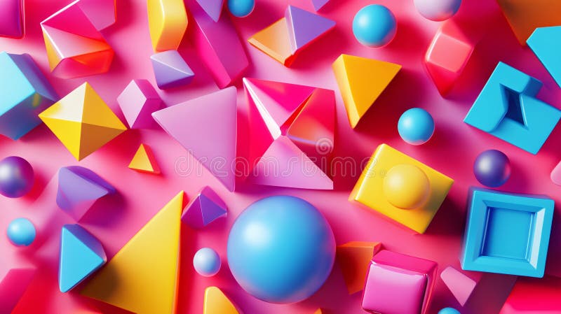 A Random Pattern of Brightly Colored 3D Geometric Shapes, with a ...