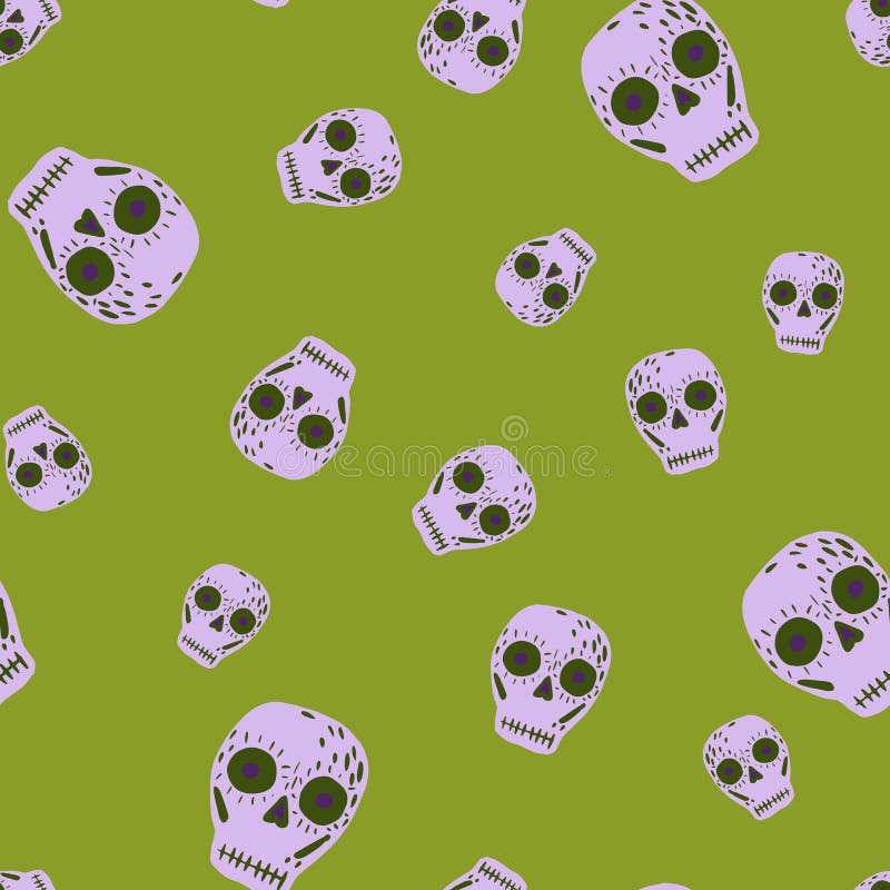 Random Seamless Pattern with Grey Creepy Skulls Elements. Green Bright ...