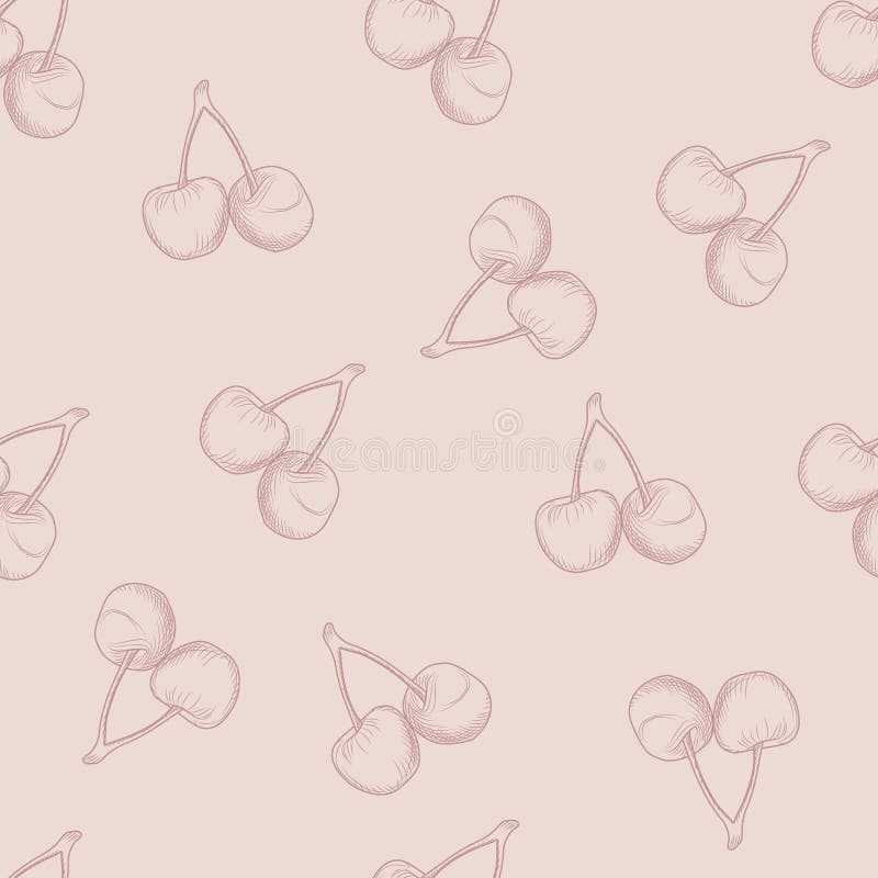 Random Seamless Pattern with Outline Cherry Ornament. Pastel Pink Tones ...
