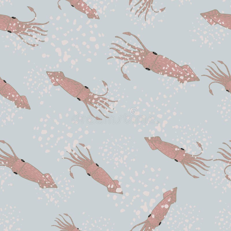 Random Seamless Seafood Pattern with Doodle Squid Silhouettes. Pale ...