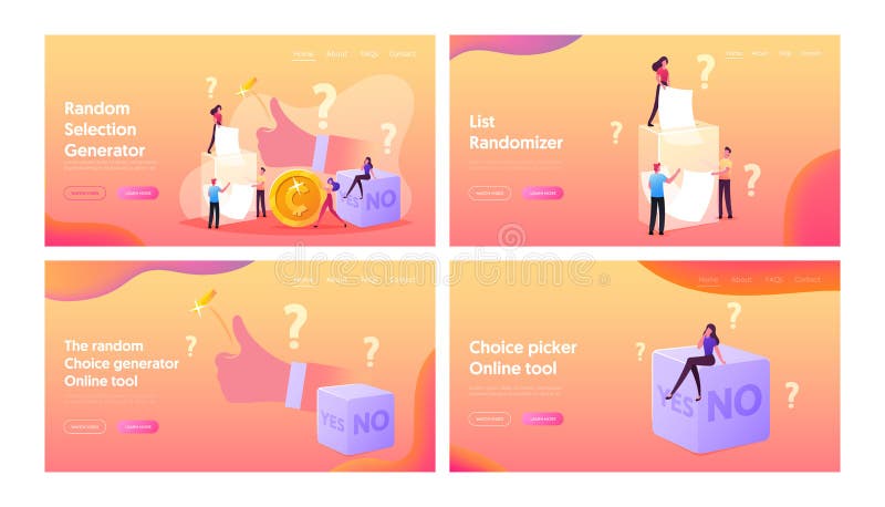 Random Selection Landing Page Template Set. Tiny Characters Throw Coin ...