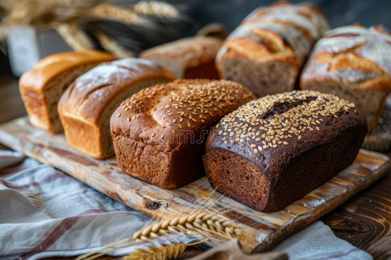 Range of Bread Varieties with Nutritious Grains on a Wooden Setting ...