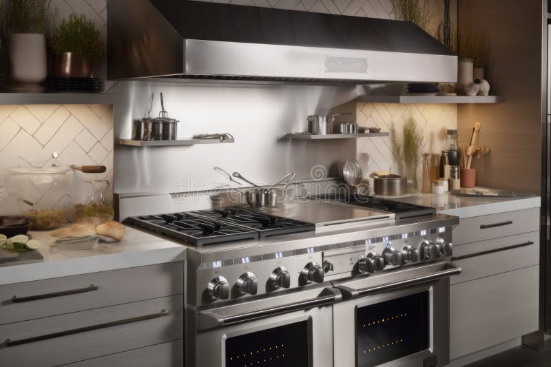 Range with Built-in Vent Hood and Clear View of the Chef at Work Stock ...