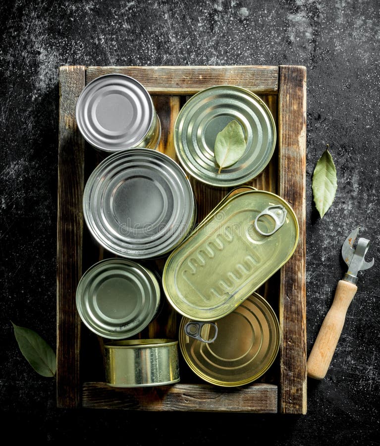 Range of Different Closed Cans with Canned Food on a Tray with a Can ...