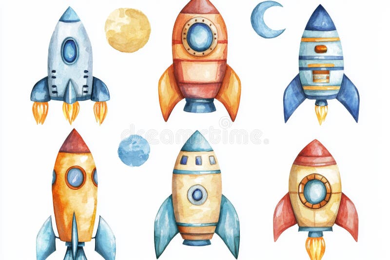 A Range of Different Rockets Created with Watercolor, Great for Kids ...