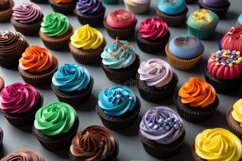 Range of Flavors and Colors in Classic and Gourmet Cupcakes Stock ...
